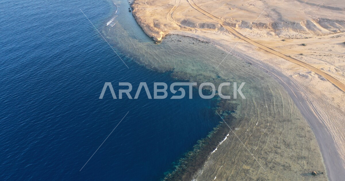 Drone photography of the Red Sea shore north of Al-Wajh Governorate in ...