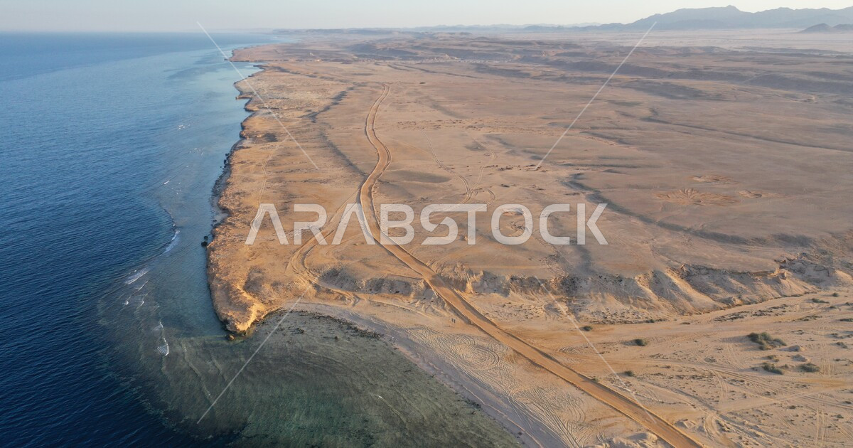 Drone photography of the Red Sea shore north of Al-Wajh Governorate in ...