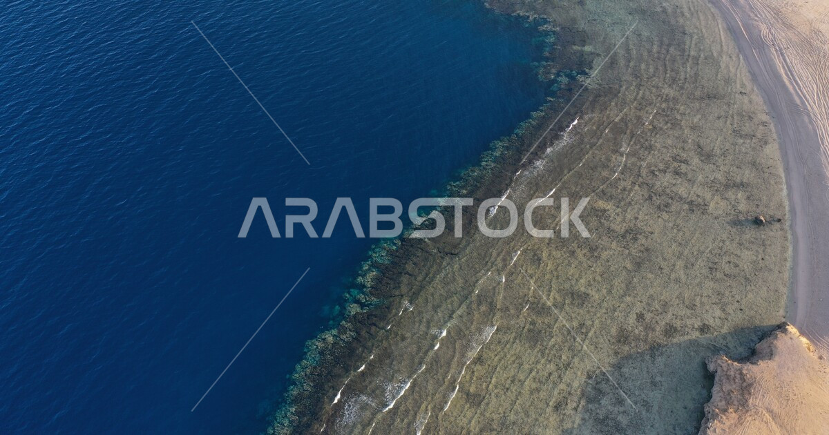 Drone photography of the Red Sea shore north of Al-Wajh Governorate in ...