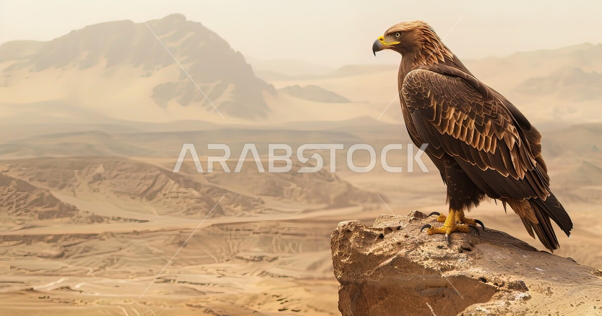 Eagle standing on soft sand in desert, concept of predation and visual ...