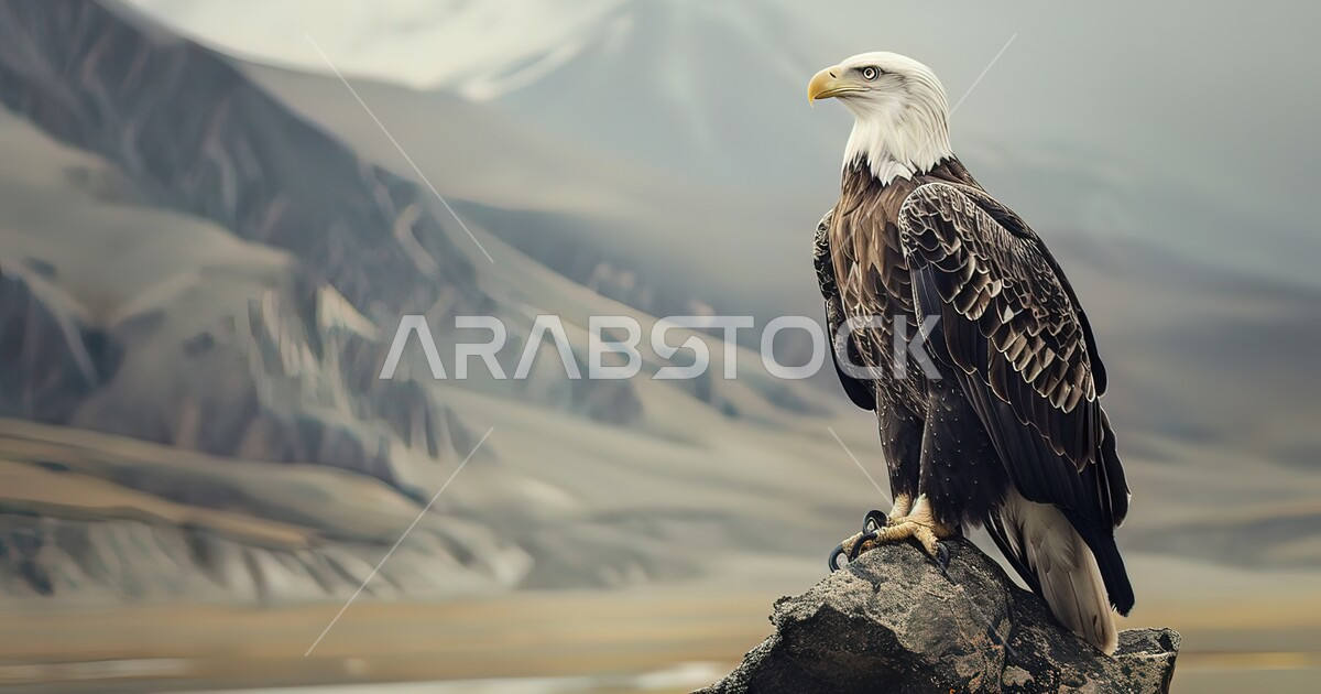 Eagle standing on soft sand in desert, concept of predation and visual ...