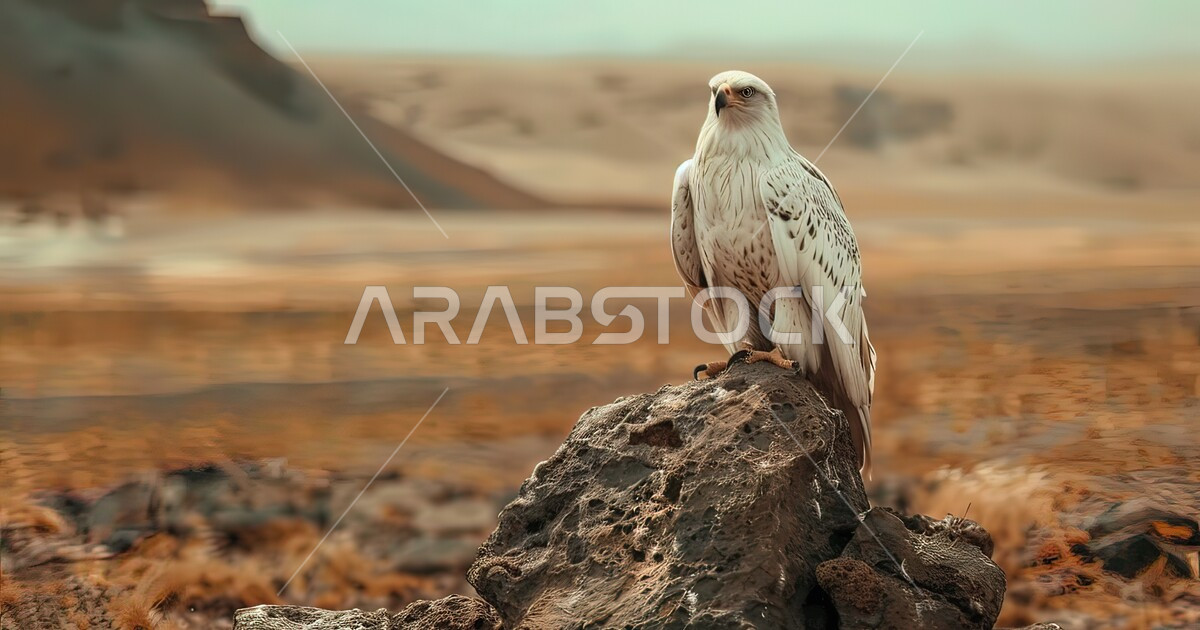 Eagle standing on soft sand in desert, concept of predation and visual ...