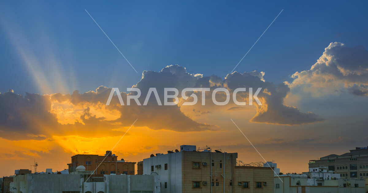 Golden sunset and sunrise view in the sky of Jeddah, the ancient ...