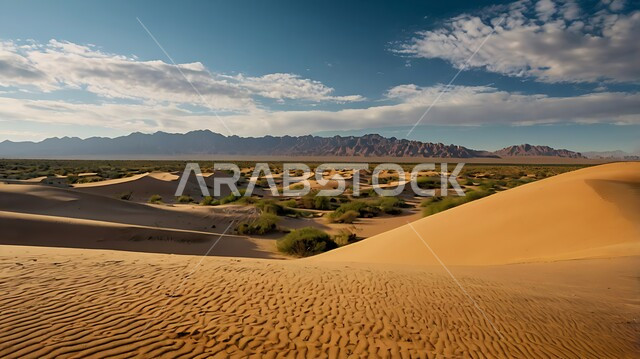 Soft sand dunes and hills formed in the Gulf deserts, topography and dry environment in desert ...