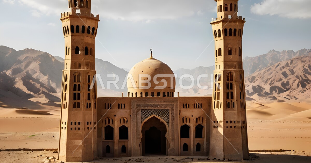 A mud mosque built in the old Islamic style, towering minarets in the ...