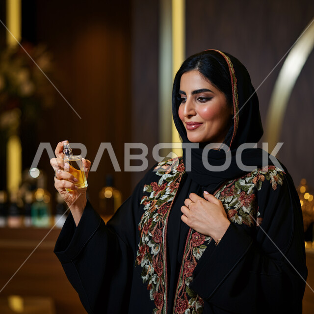 Marketing for women's perfume products, close-up of a Saudi Arabian ...