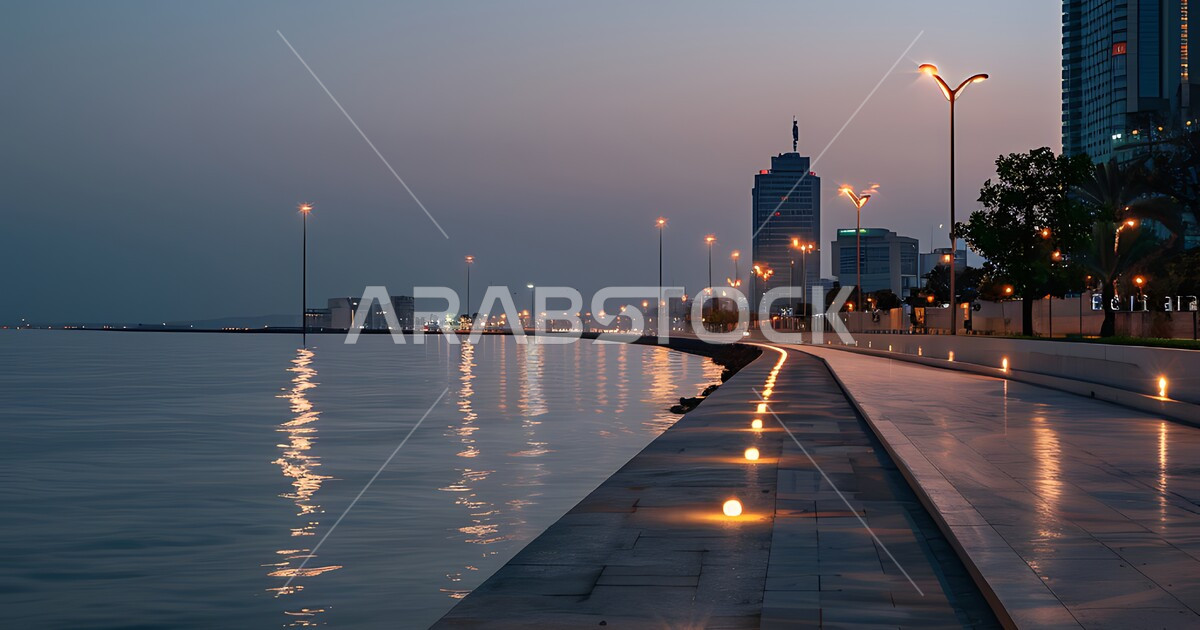 Famous tourist and entertainment places, Red Sea beach at night, towers ...