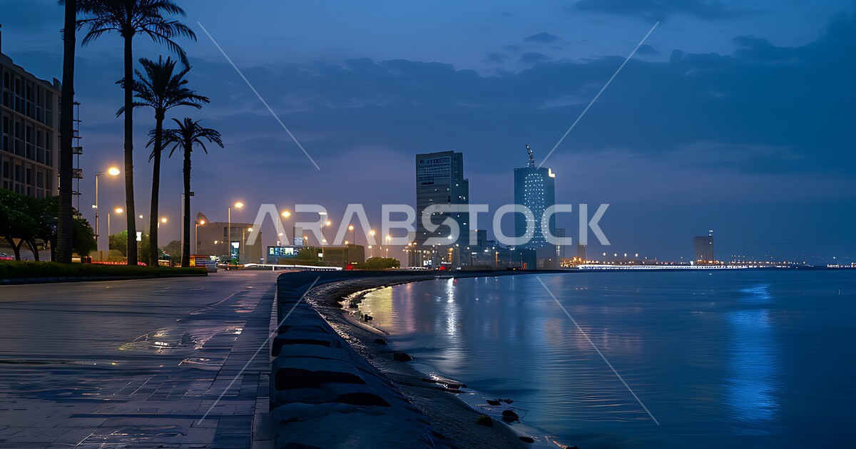 Famous tourist and entertainment places, Red Sea beach at night, towers ...