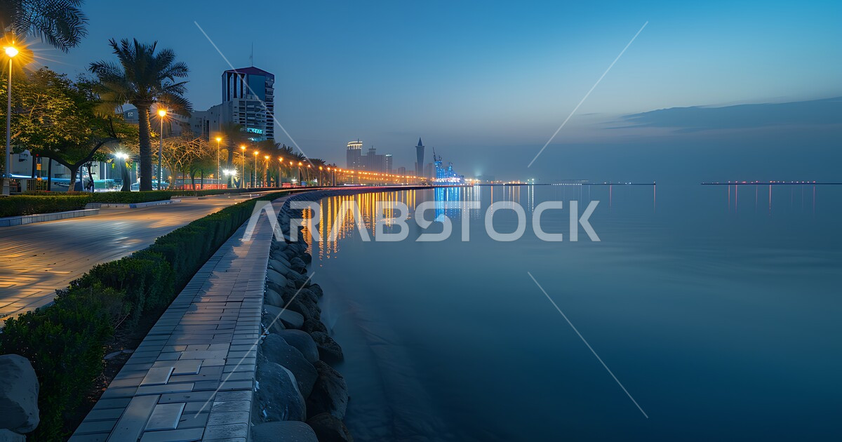 Famous tourist and entertainment places, Red Sea beach at night, towers ...