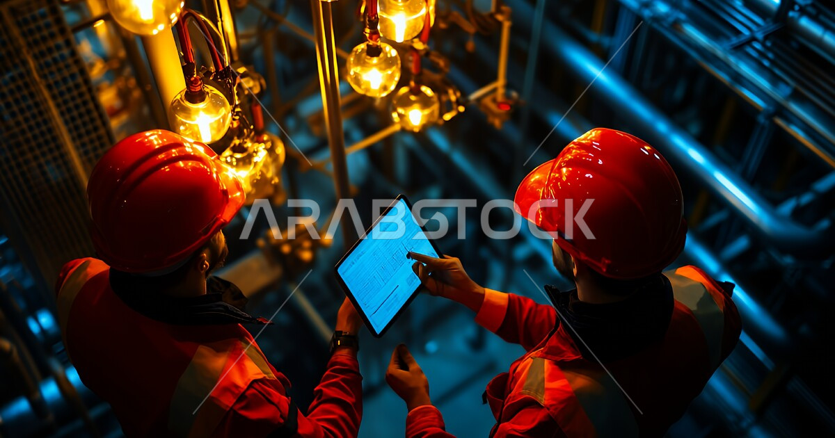Using tablets for drawing and planning, two Saudi engineers working to ...