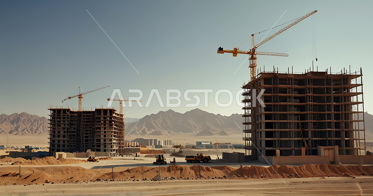 A construction site crowded with machinery, heavy equipment, cranes and ...