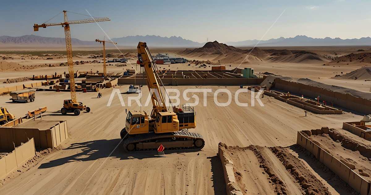A construction site crowded with machinery, heavy equipment, cranes and ...