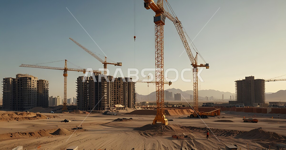 A construction site crowded with machinery, heavy equipment, cranes and ...
