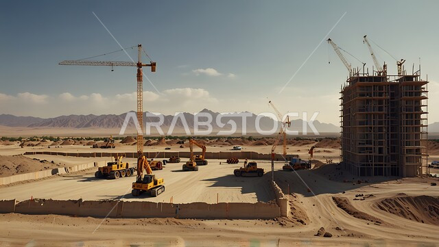 A construction site crowded with machinery, heavy equipment, cranes and ...