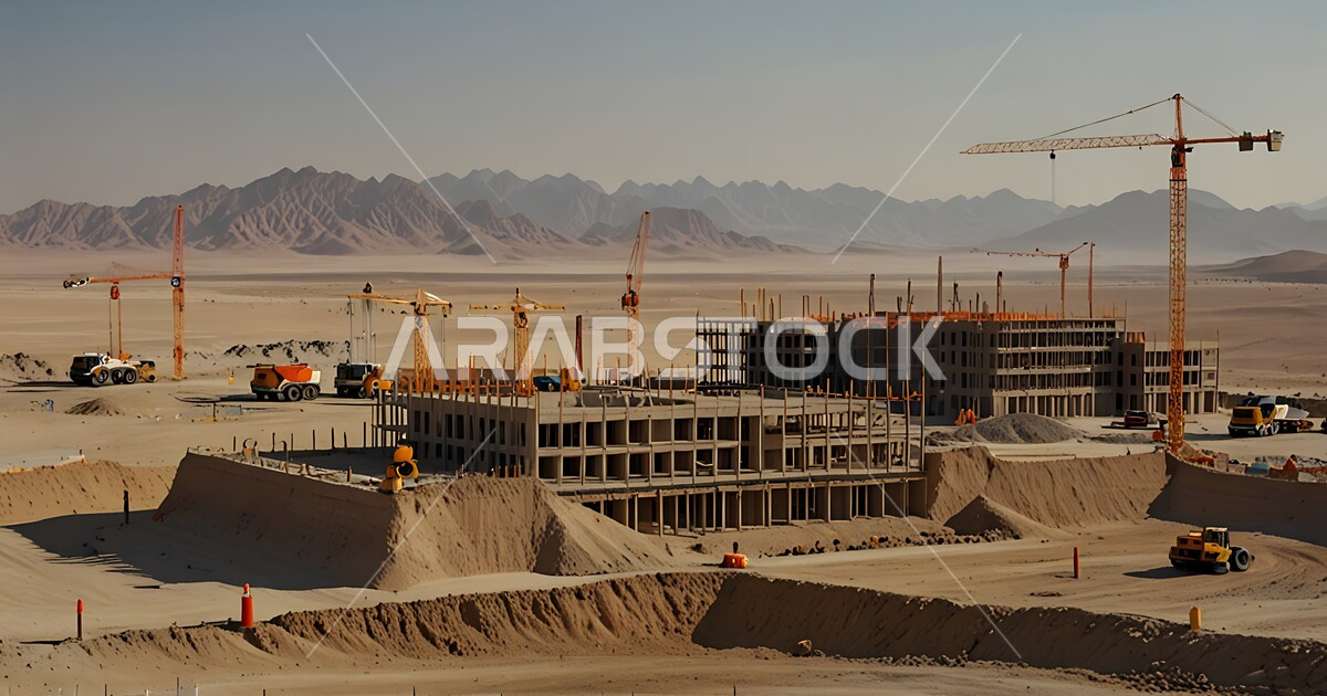A construction site crowded with machinery, heavy equipment, cranes and ...