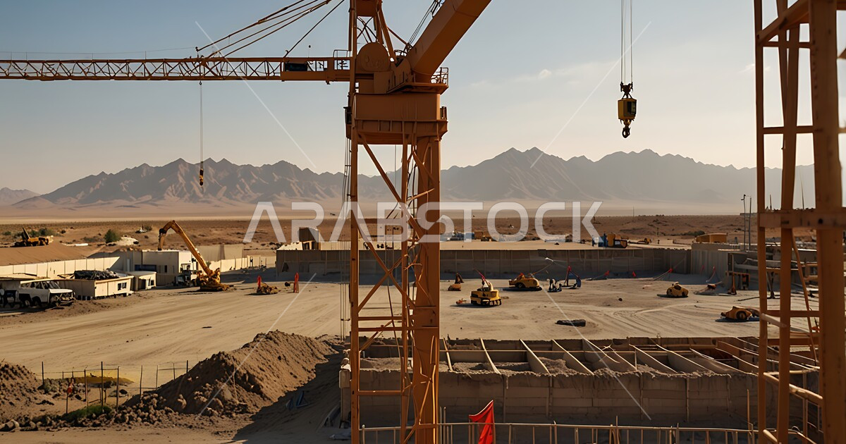 A construction site crowded with machinery, heavy equipment, cranes and ...