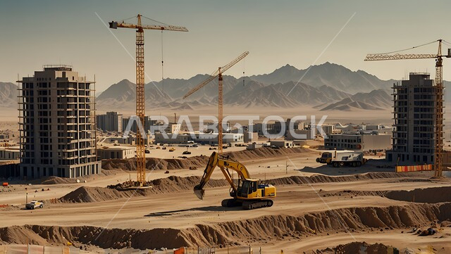 A construction site crowded with machinery, heavy equipment, cranes and ...