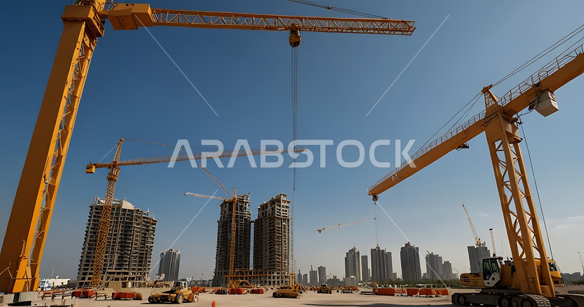 A construction site crowded with machinery, heavy equipment, cranes and ...