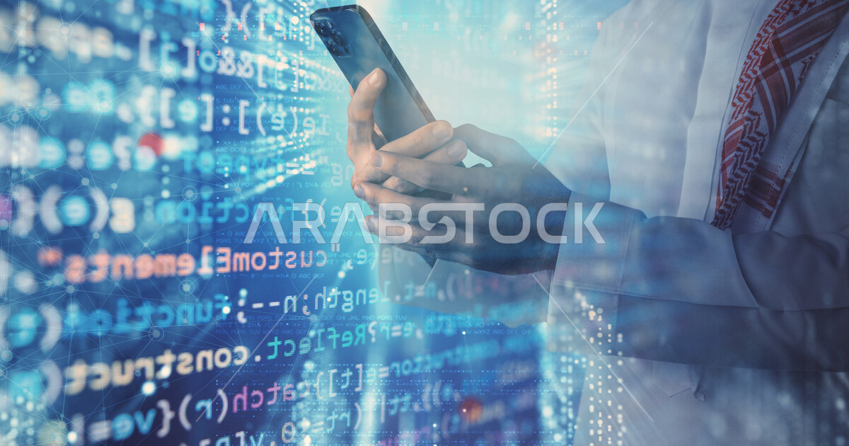 Hand image of a young Saudi Gulf working as a web developer, using ...