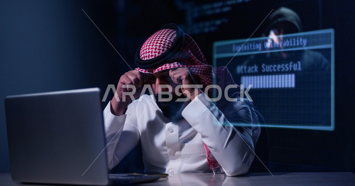 A Saudi Arabian Gulf businessman with different facial gestures and ...