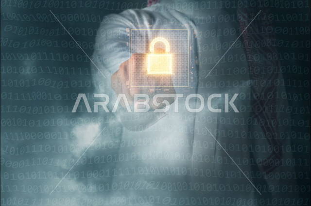 Close-up of the hand of a Saudi Arabian Gulf man, pressing his finger ...