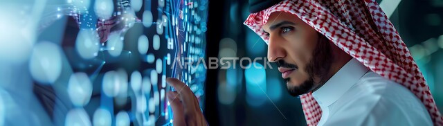 Cryptocurrency trading, side view panoramic shot of a Saudi Arabian Gulf businessman wearing ...