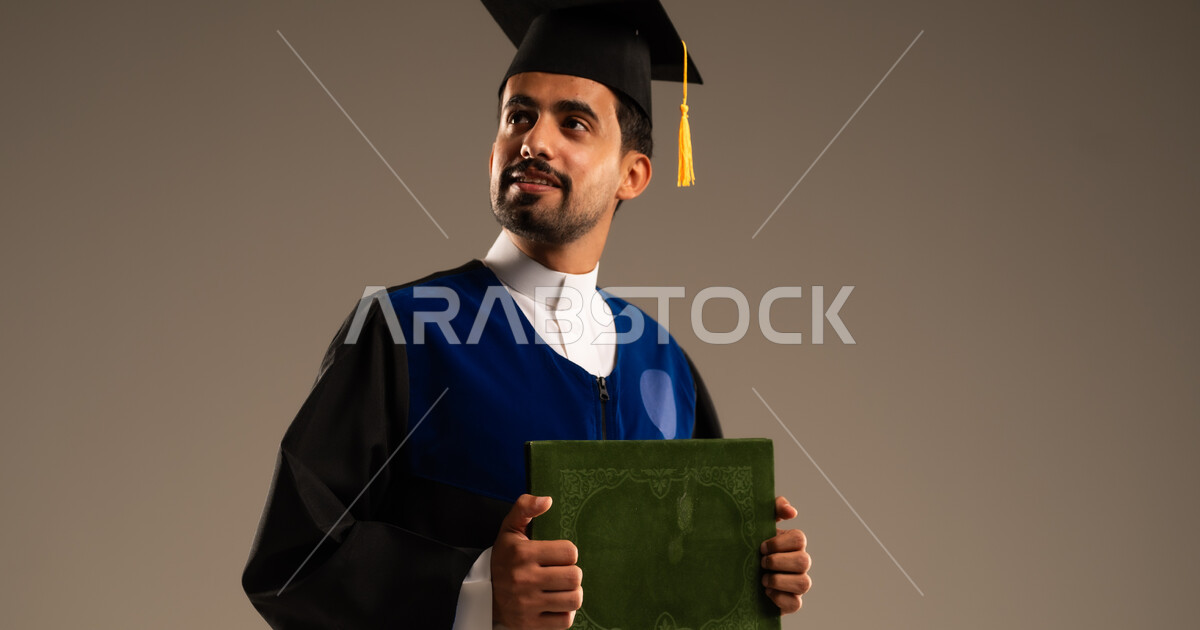Celebrating the completion of university studies, close-up portrait of ...