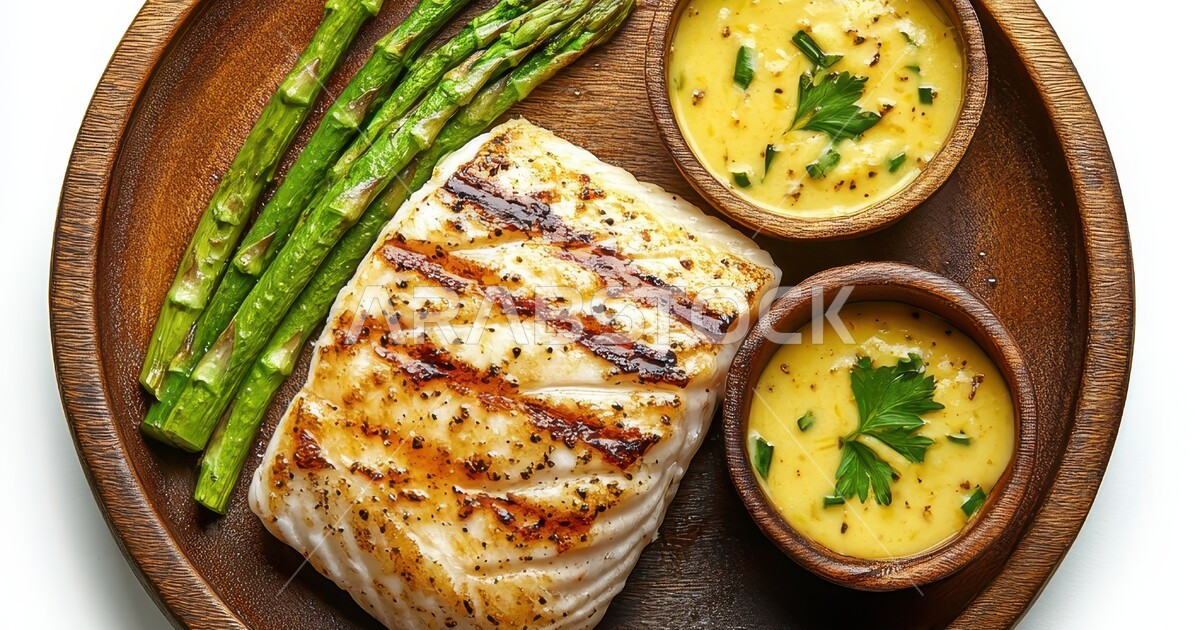 Grilled smoked salmon fillet with vegetables, delicious oriental meals ...