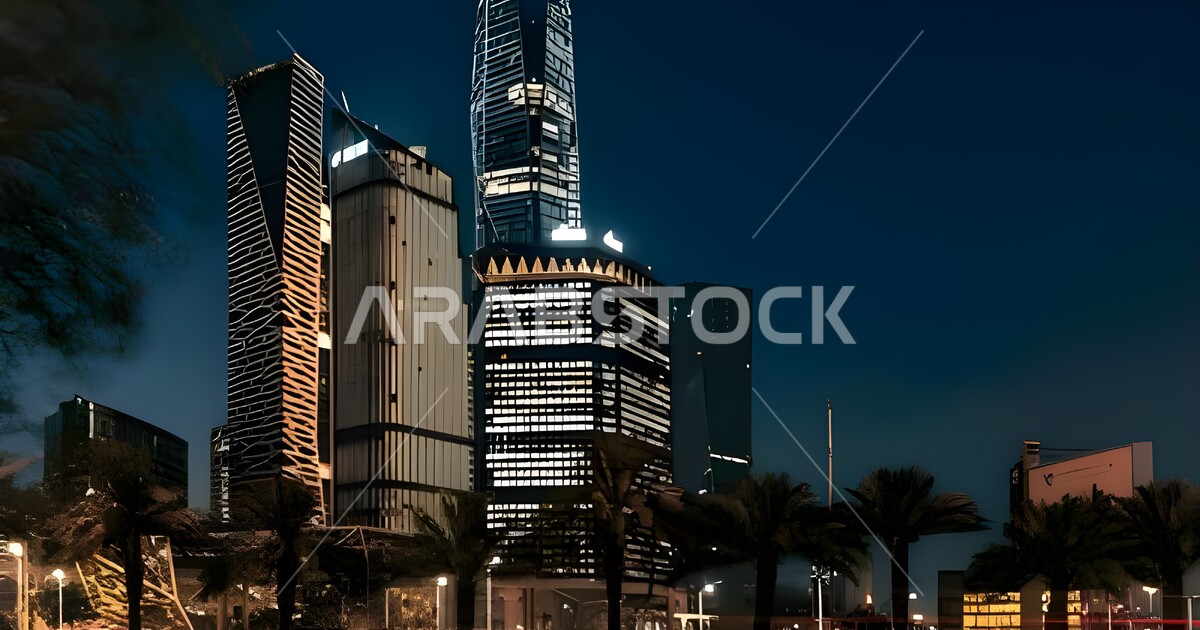 Tall buildings and structures illuminated at night in Riyadh, famous ...