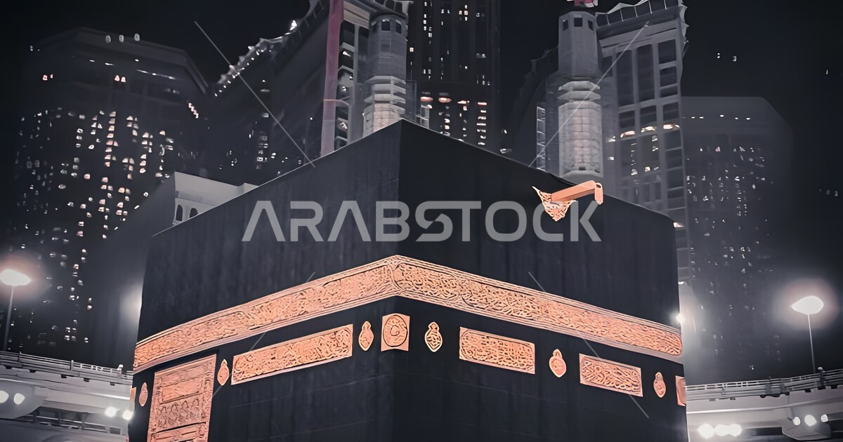 Muslim pilgrims circumambulating the Kaaba, modern architectural style ...