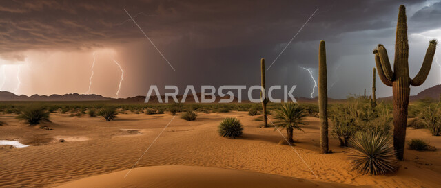 Thunderstorm and strong dust storms in deserts, panoramic image of ...