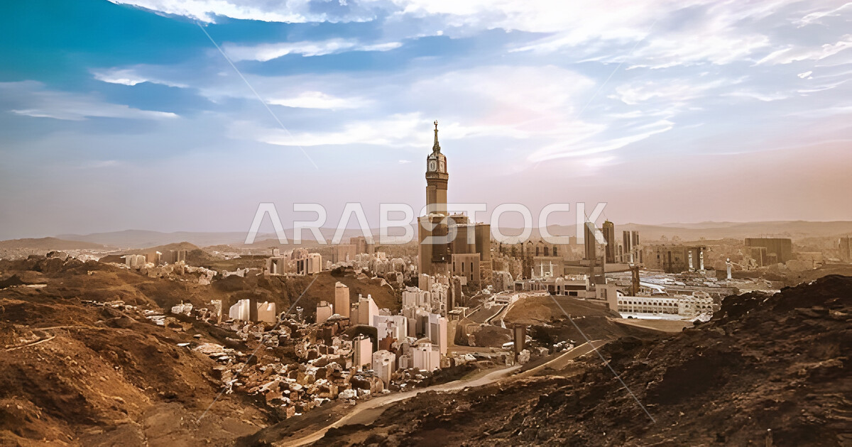 Peaks and mountain heights, Clock Tower in Mecca, Saudi Arabia, Terrain ...
