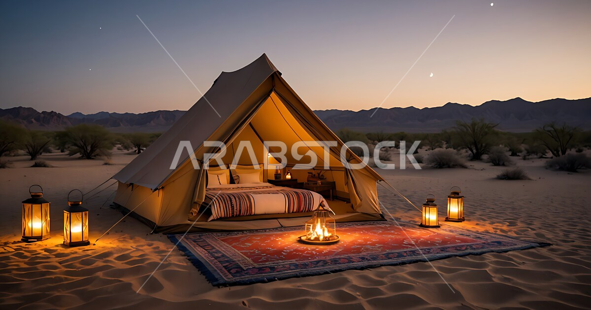 Soft golden terrain and sand at night, camping in the deserts of Saudi ...
