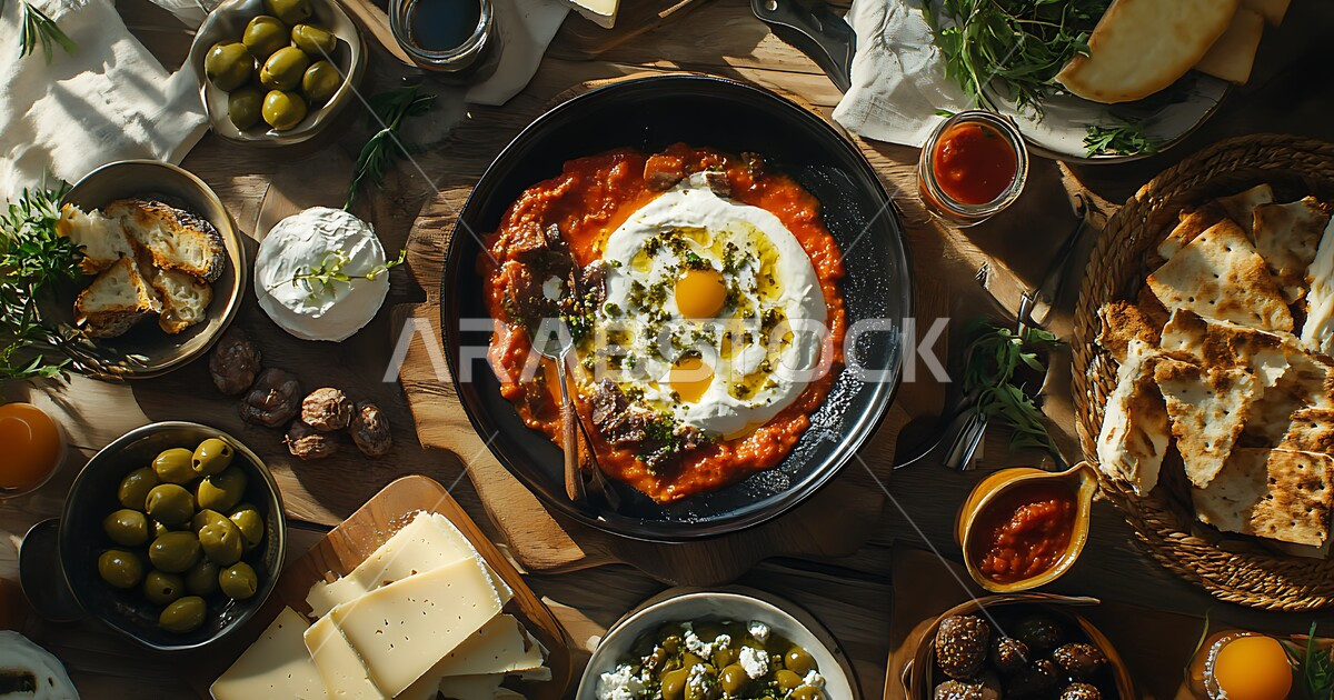 سفرة إفطار طازجة ومغذية مليئة بالبروتينات الصحية، طبق البيض المقلي مع ...