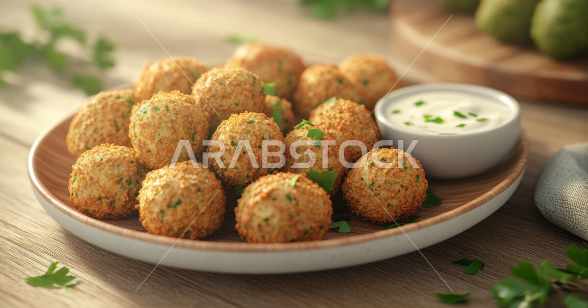 Oriental Arabic cuisine, a plate of crispy falafel discs with parsley ...