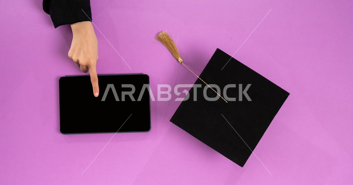 Graduation supplies order online, blank black screen display, vertical ...