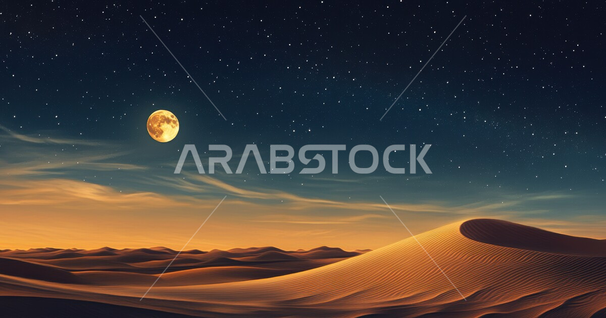 Full moon in the sky of Saudi Arabia, golden sand dunes, mountains and ...