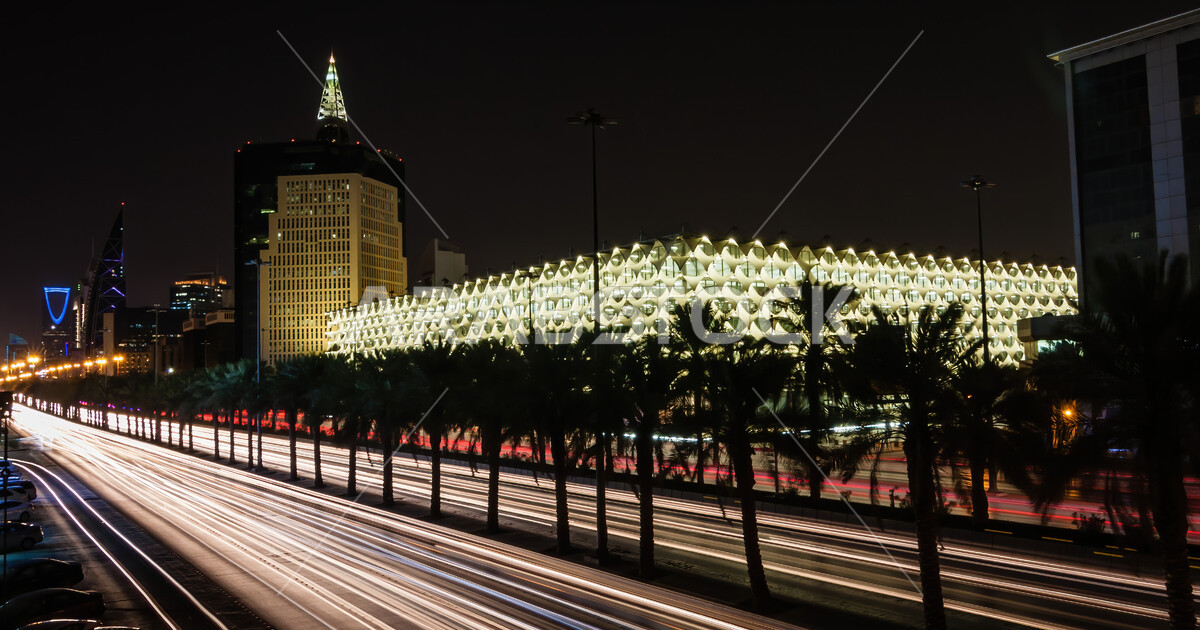 King Fahd National Library illuminated in Riyadh at night, a cultural ...