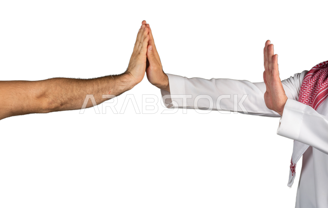 Hand portrait of a Saudi Arabian Gulf man wearing traditional dress ...