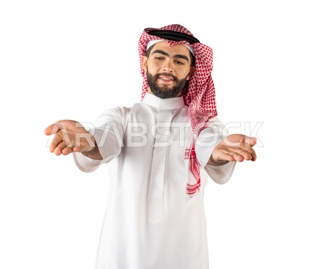Portrait of a Saudi Gulf man making different hand gestures, opening ...