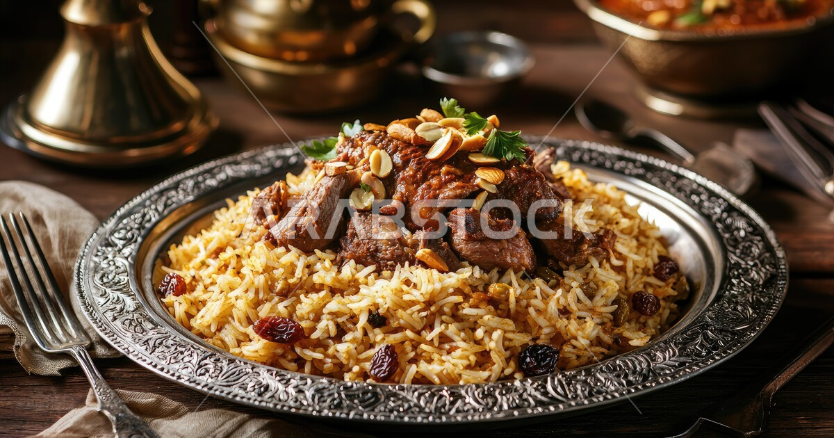 طبق من أرز الكبسة مع قطع اللحم المزين، ولائم وأطباق عربية تقليدية شعبية ...