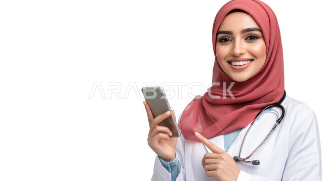 Using modern technology devices, close-up portrait of a veiled Saudi ...