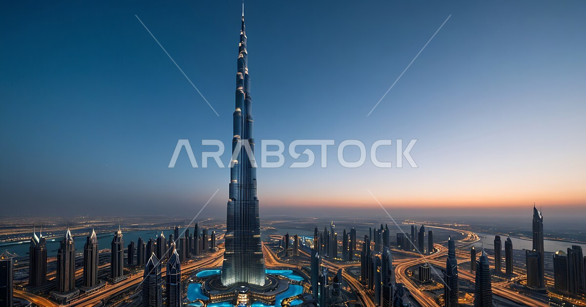 The famous Burj Khalifa in Dubai at sunset, the growth and urban ...