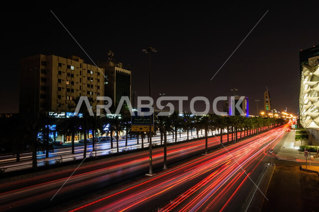 Street lights and lighting on King Fahd Road, fast car traffic in Saudi ...