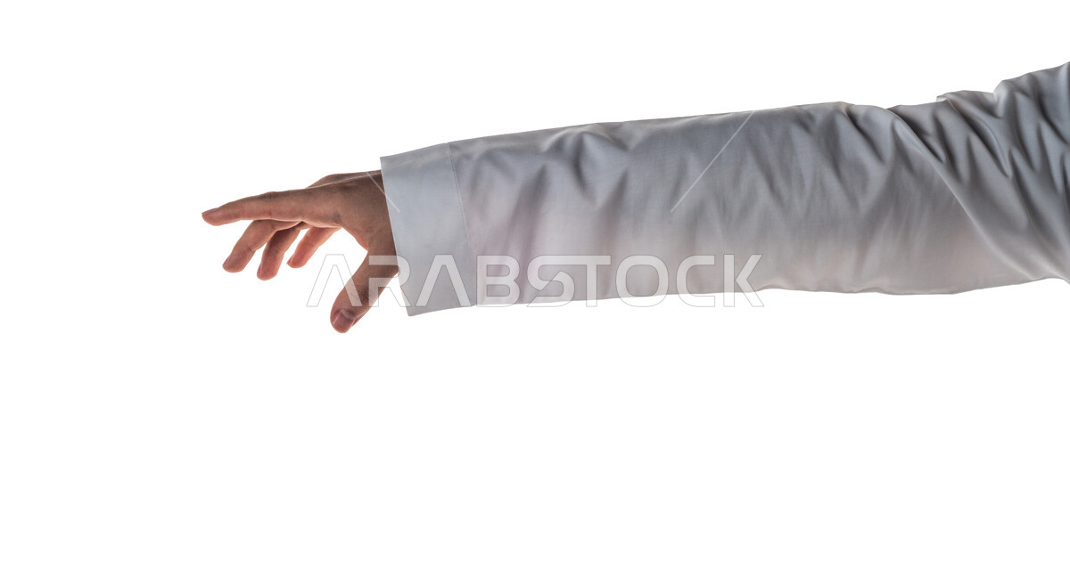 Portrait of a Saudi Gulf man wearing traditional Gulf clothing, making ...