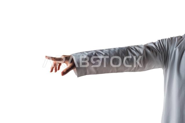 Portrait of a Saudi Gulf man wearing traditional Gulf clothing, making ...