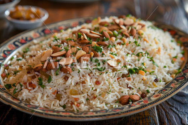 A plate of cooked white rice, traditional Arabic food and dishes, the ...