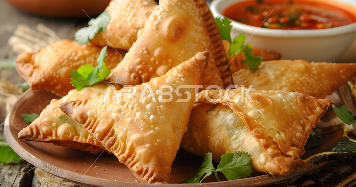 Pieces of golden samosa, delicious oriental Arabic recipes and foods ...