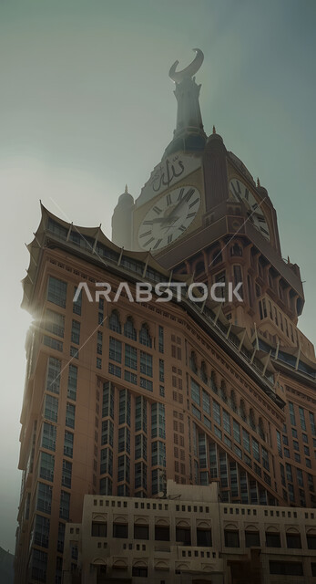 Clock tower building overlooking the Grand Mosque in Mecca ...
