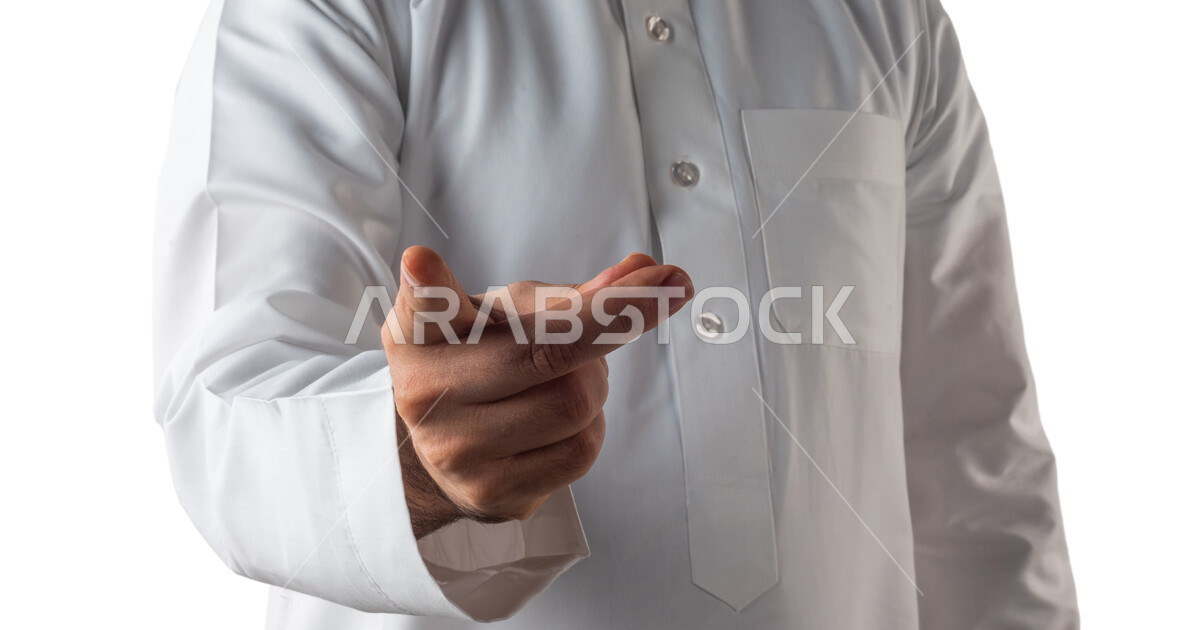Portrait of a Saudi Gulf man making different hand gestures, pointing ...
